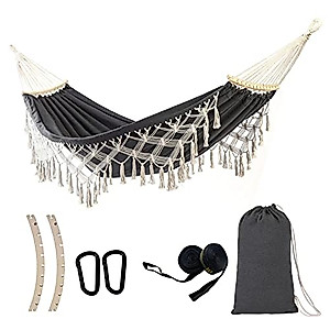 Leize Hammock Hanging Swing Double Boho Brazilian Macrame Fringe Max 500 lbs for Indoor Outdoor Patio Yard Garden