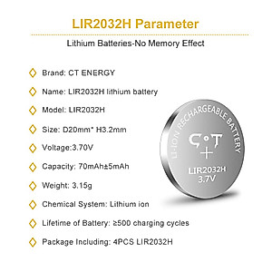 CT-ENERGY LIR2032 Rechargeable Batteries 3.7V with High Capacity 70mA Can Be Replacement of Rechargeable Coin Cell Lithium Batteries ML2032