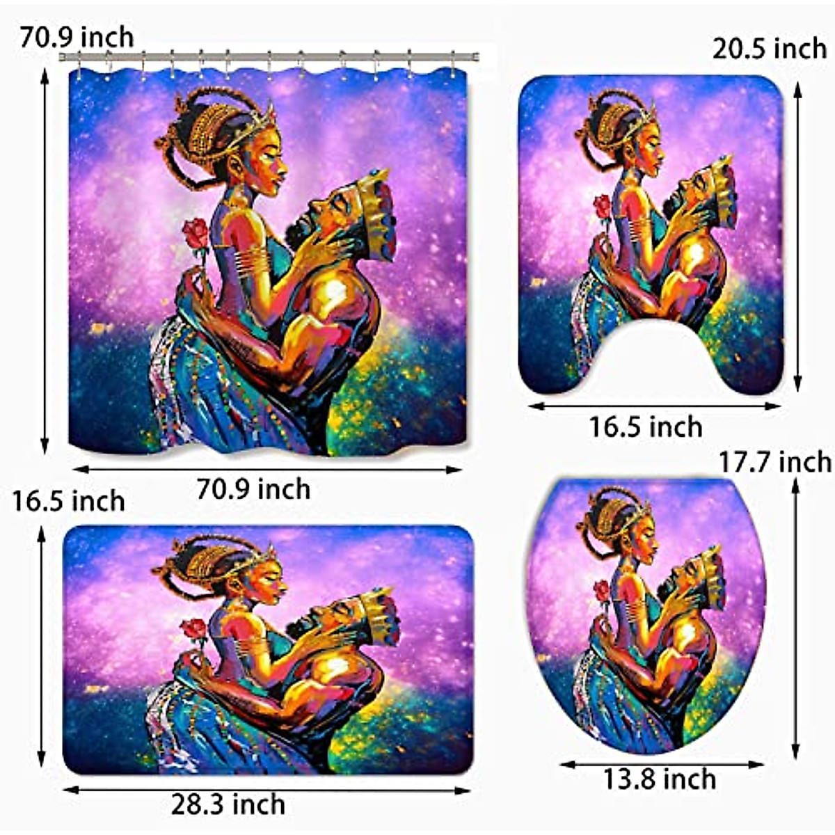 Traditional African American Shower Curtains for Bathroom, African Bathrooom Sets with Shower Curtain and Rugs, Black Girl Shower Curtain Bathroom Set (Violet)