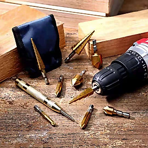 ChewSteel Tools,10 Pieces Step Drill Bit Set 1/4 Inch Hex Shank 5 Flute Countersink Drill Bit Set with 5 Inch Center Punch and Bag for Wood Metal Plastic Glass (4-20/4-12/3-12 mm)