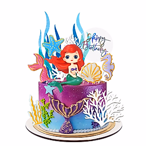 12 PCS Mermaid Cake Topper, Cute Big Eyes Mermaid Doll Cake Topper, Resin 2D Starfish Seaweed Seahorse Shell Felt Seaweed Acrylic Coral for Birthday Party, Baby Shower, Wedding, Mermaid Cake Supplies