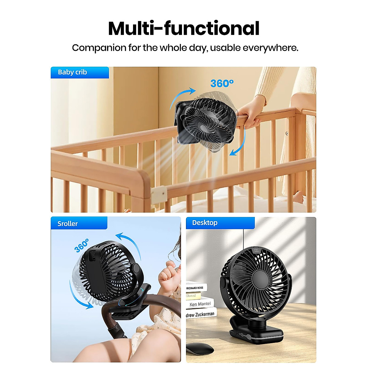TOPK Portable Clip on Fan, 5000mAh Small Rechargeable Fan, Battery Operated, 4 Speeds, 720° Rotation, Ultra-Quiet, Personal Cooling Desk Fan for Bedroom/Office/Stroller/Golf/Library/Travel/Camping