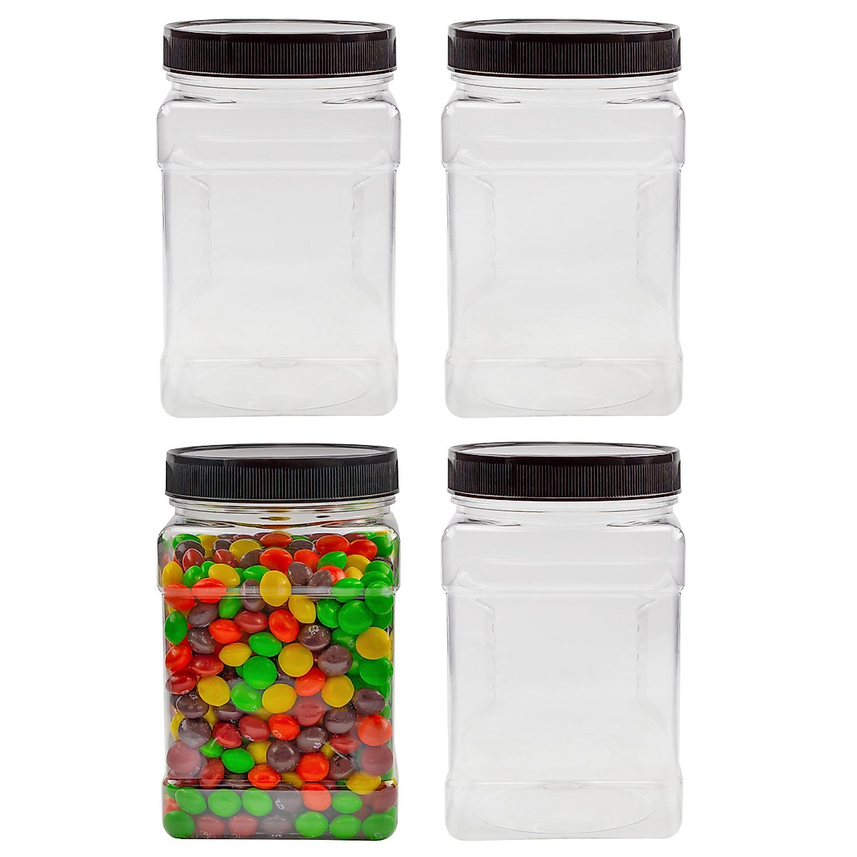 32oz Square Plastic Jars (4-Pack, Quart); Clear Rectangular 4-Cup Canisters w/Black Lids, Easy-Grip Side