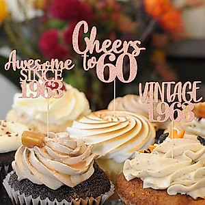 30 Pcs 60th Birthday Cupcake Toppers, Rose Gold Glitter 60th Cake Toppers 60 & Fabulous Cupcake Picks for Happy 60th Birthday Anniversary Party Decorations Supplies (Rose Gold)