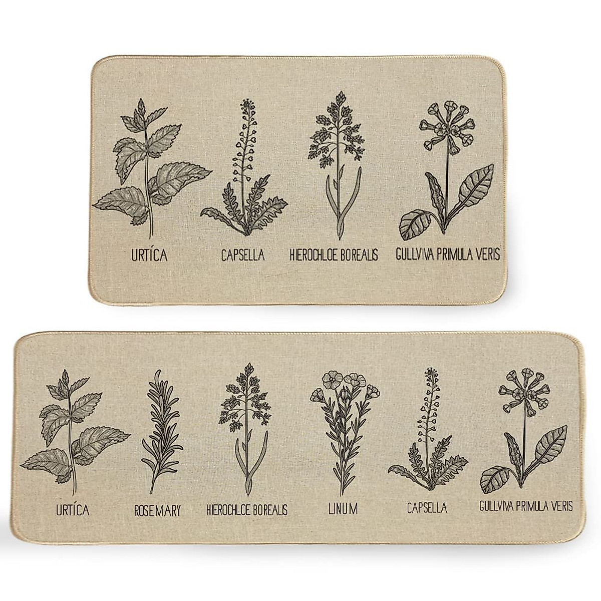 GEEORY Kitchen Mats for Floor Set of 2,Capsella Rosemary Linum Gullviva Primula Veris Floor Mat Farmhouse Seasonal Holiday Decor for Home Kitchen - 17x29 and 17x47 Inch