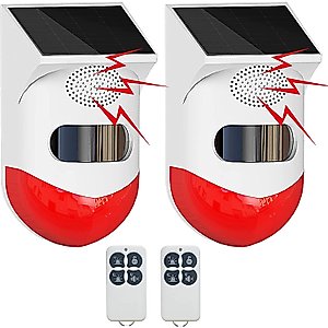 ChunHee Solar Motion Sensor Outdoor Alarm,Adjustable Sensitivity Motion Activated Alarm,129db Sound Security Siren Light IP67 Waterproof and 4 Mode for Home,Farm,Barn,Villa,Yard(2 Pack)
