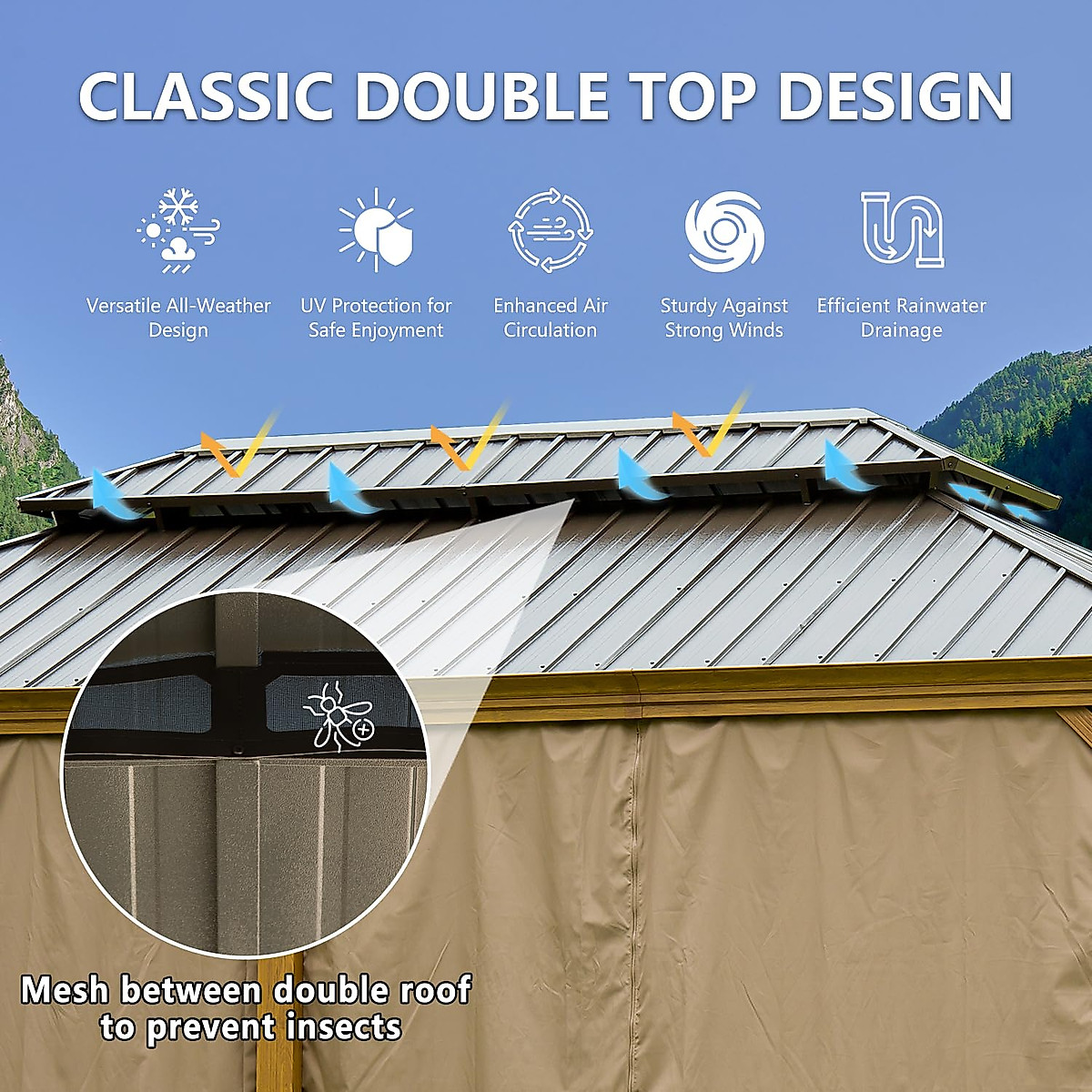 12’ x 20’ Hardtop Gazebo Outdoor Aluminum Wood Grain Gazebos with Galvanized Steel Double Canopy for Patios Deck Backyard,Curtains&Netting by domi outdoor living