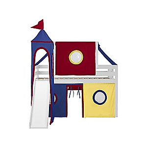 JACKPOT! Castle Low Loft Bed with Slide Red & Blue Tent and Tower, Loft Bed, Twin, White