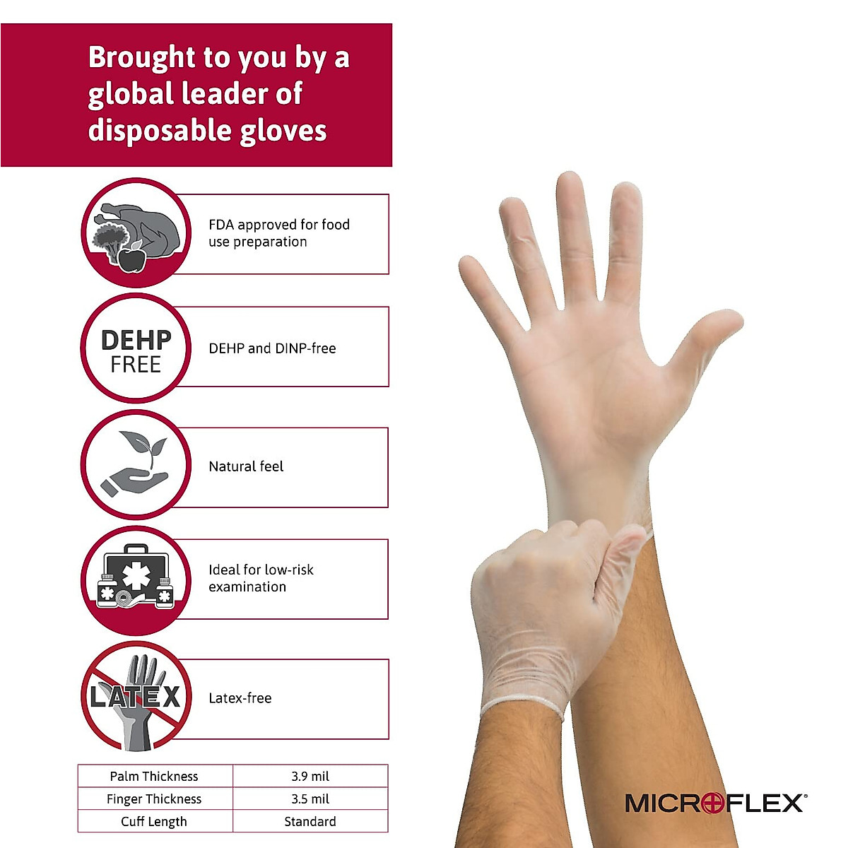 Microflex Derma Free DF-850 Disposable Smooth Vinyl Gloves for Food Prep & Handling - Large, Natural (Box of 100)