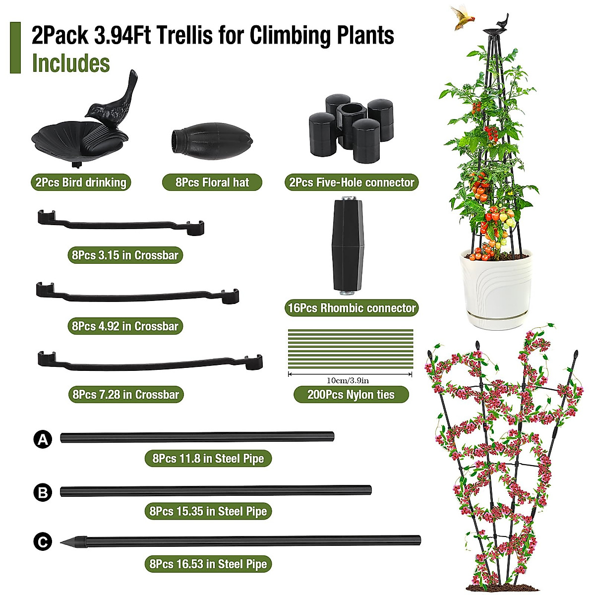 Yeghujar 2Packs 2-in-1 Trellis for Climbing Plants Outdoor Indoor, 47 in Garden Plant Climbing Trellis for Potted Plants, Flowers, Tomato Vegetables, Tower Obelisk & Fan-Shaped Plant Support Trellis