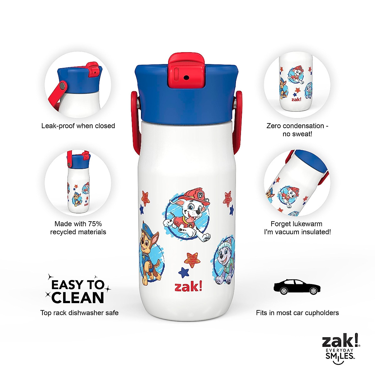 Zak Designs Harmony PAW Patrol Kid Water Bottle for Travel or At Home, 14oz Recycled Stainless Steel is Leak-Proof When Closed and Vacuum Insulated (Chase, Marshall, Skye, Rubble, Everest, Zuma)