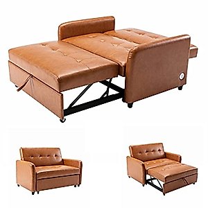 Gynsseh Sleeper Loveseat Pull Out Bed, 3-in-1 Convertible Sleeper Sofa Bed with Dual USB Ports, Faux Leather Adjustable Pull Out Loveseat Sleeper for Living Room Bedroom S2-brown