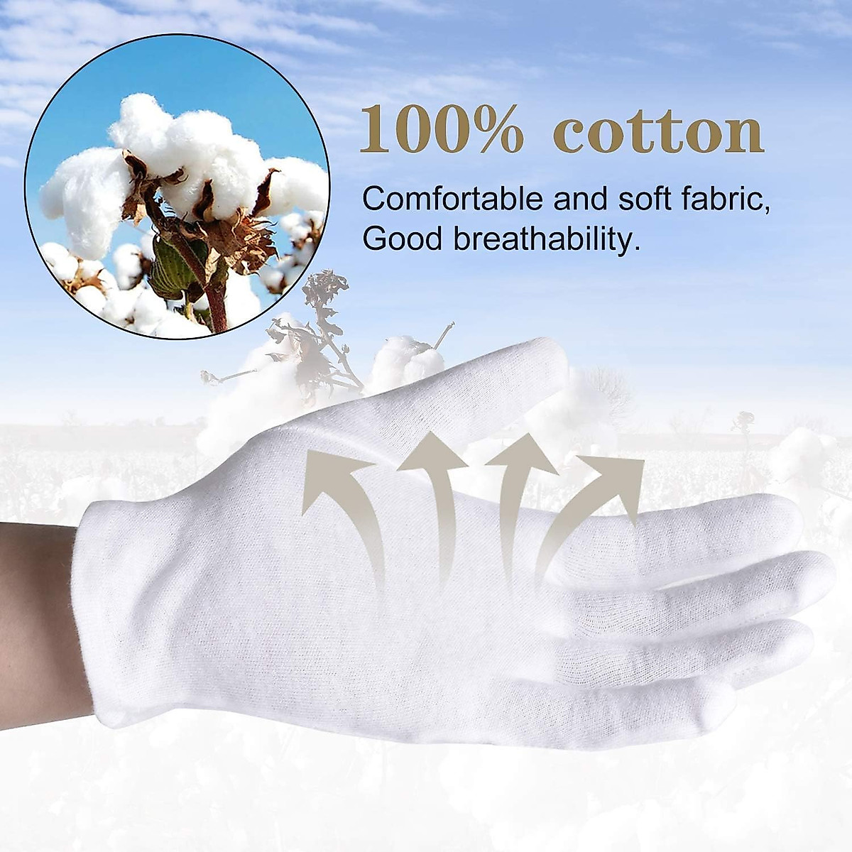 100% Cotton Gloves, 6 Pairs White Cotton Gloves for Women Dry Hands Eczema Serving - Archival Coin Jewelry Inspection Gloves(6 Pairs)