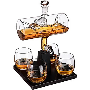 Swordfish & Sailfish Wine &Whiskey Decanter Dispenser and 4 Liquor Glasses - Fishing & Boat Decanter & Glass Set - Fishing Gifts for Men Bourbon & Scotch Decanter for Alcohol - Fisherman Gifts for Dad