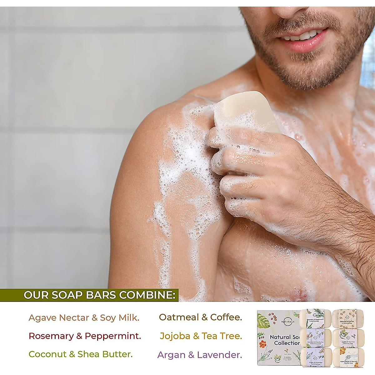 O Naturals 100% Natural Bar Soap - Assorted 6 PCS Soap Gift Set - Organic Ingredients & Essential Oils - Spa Gifts for Women & Men, Body Wash Soap Bar & Face Soap - Natural Soap - Mother's Day Gifts