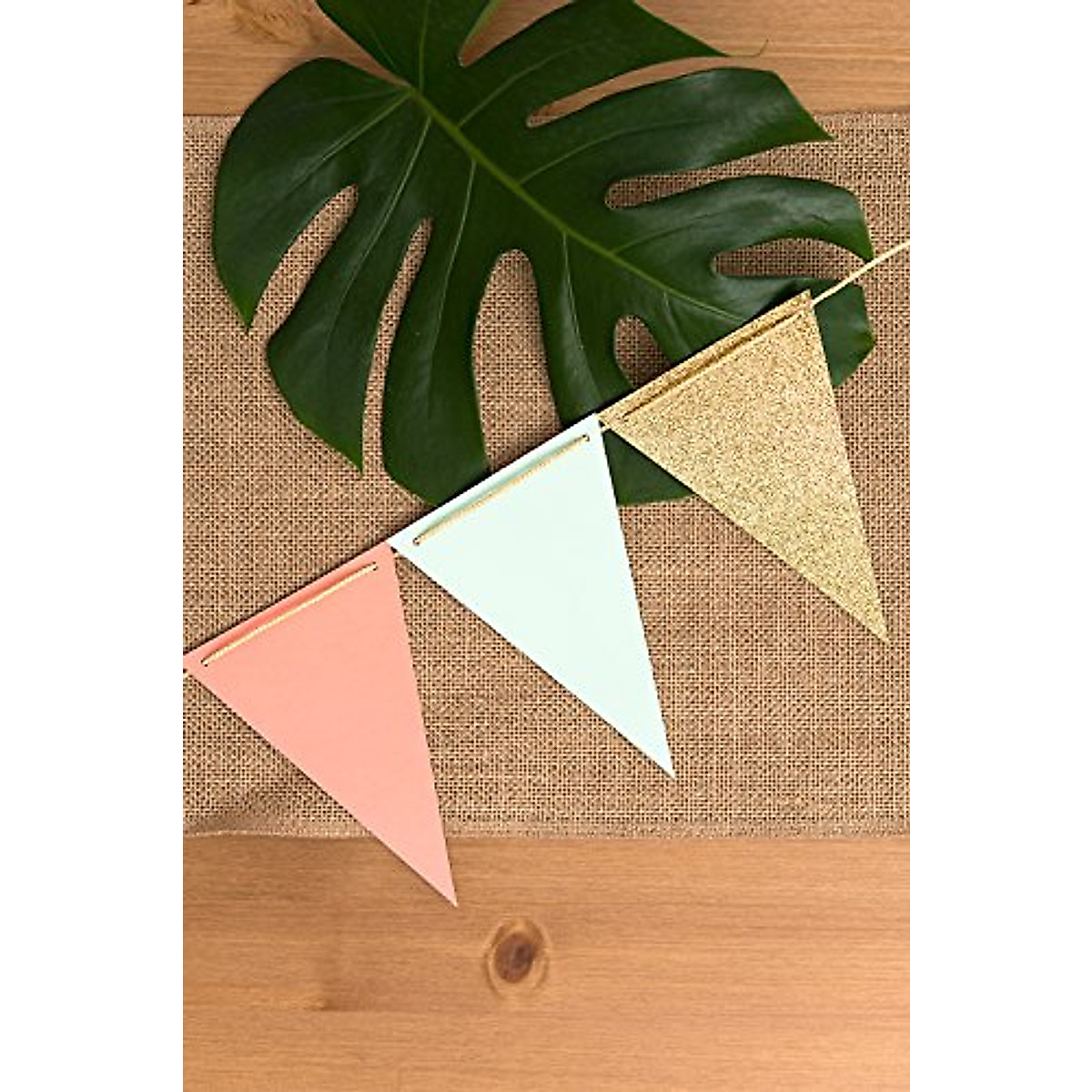 Paper Banner Flags Triangle Banner Flags For Wall Decor, Wedding Garland, Birthday Party, Baby Shower,Gold Glitter+Coral Pink+Mint Green,15 Pcs