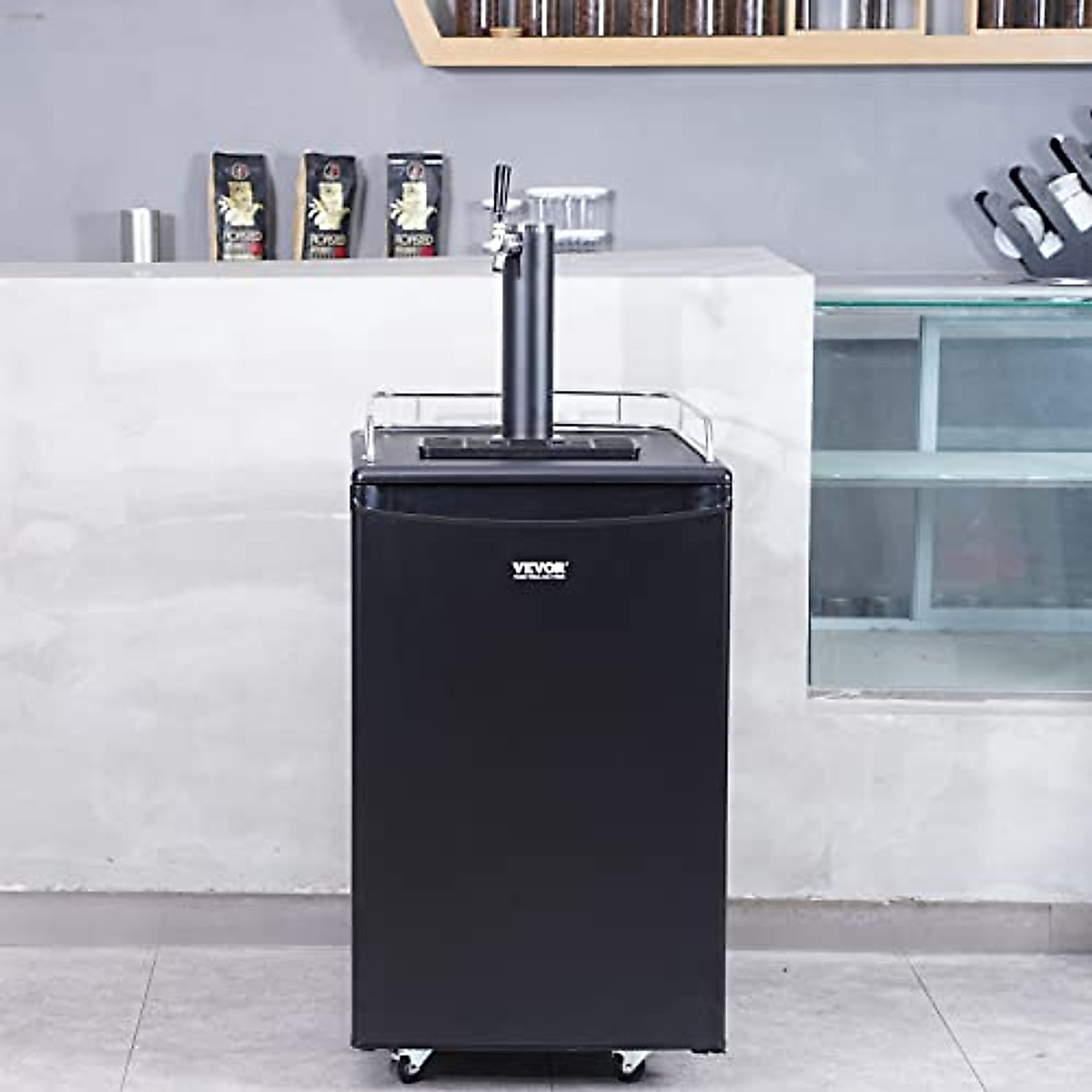VEVOR BF152-1 Kegerator, Single Tap Draft Beer Dispenser, Full Size Keg Refrigerator with Shelves CO2 Cylinder, Drip Tray & Rail, 32°F-50°F Temperature Control, Holds 1/6, 1/4, 1/2 Barrels, Black