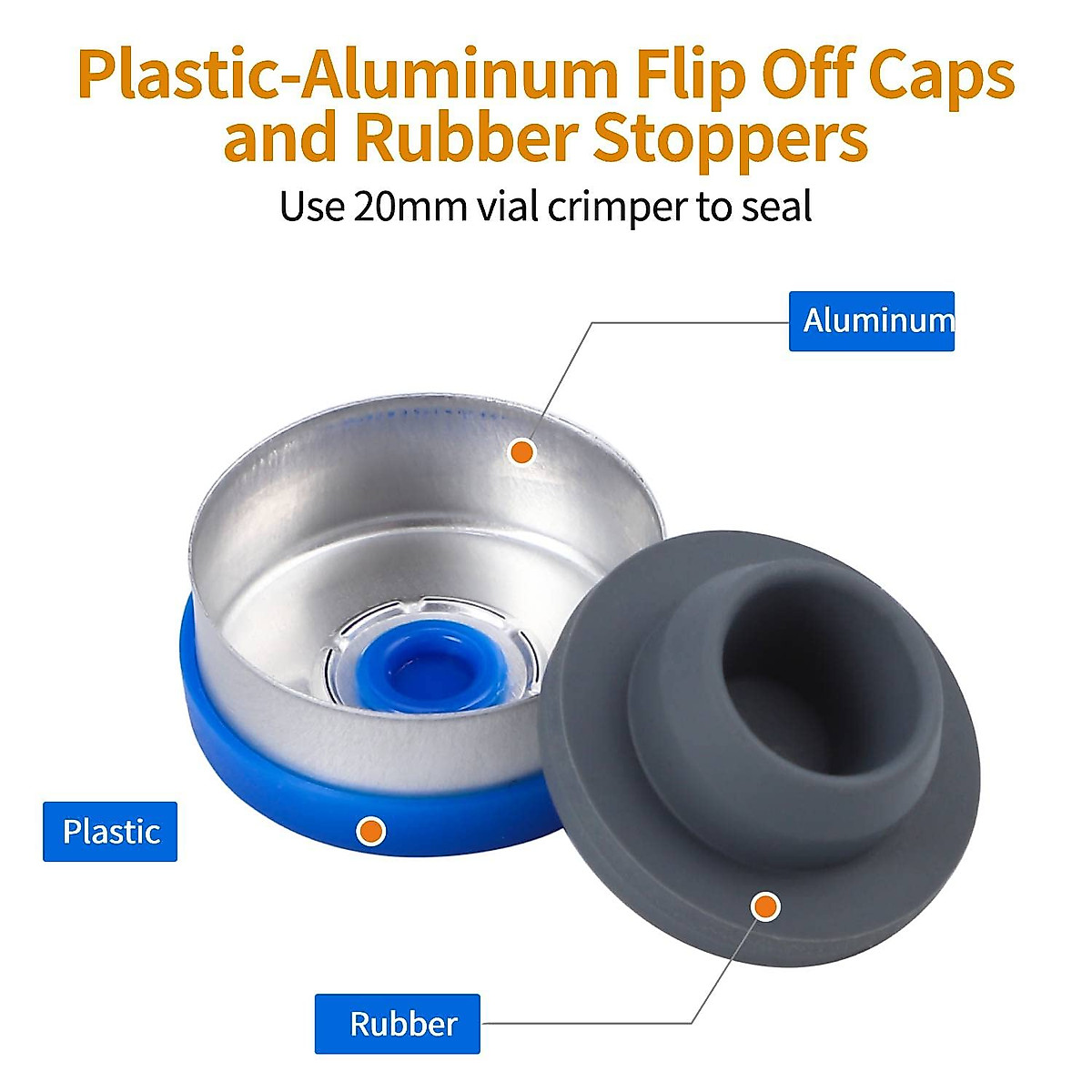 creahub 100 Pack 10ml Glass Vials, Amber Glass Headspace Vials with Plastic-Aluminum Flip Off Caps and Rubber Stoppers, 20mm Flat Bottom Lab Crimp Top Vial for Injection