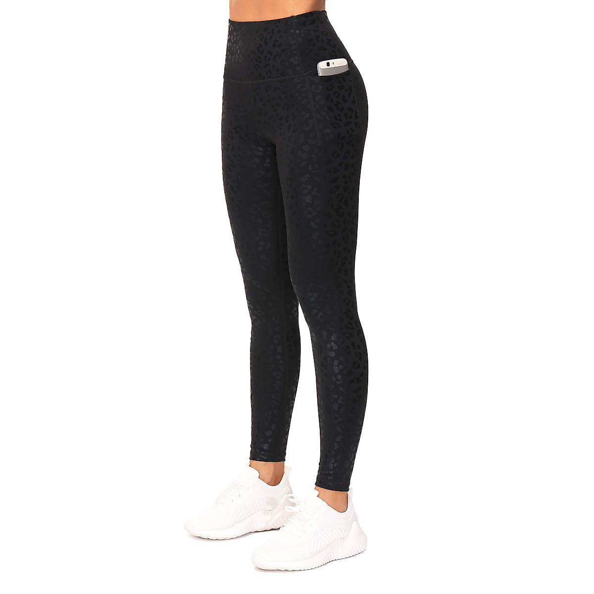 THE GYM PEOPLE Tummy Control Workout Leggings with Pockets High Waist Athletic Yoga Pants for Women Running, Fitness (Black Leopard, X-Large)
