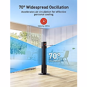 Mirdred Tower Fan with Remote, 44” Bladeless Fan, 70° Oscillating Fan for Bedroom, 3 Speeds, 3 Modes, 12H Timer, LED Display, Quiet Cooling Standing Floor Fans for Home Living Room Office, Black