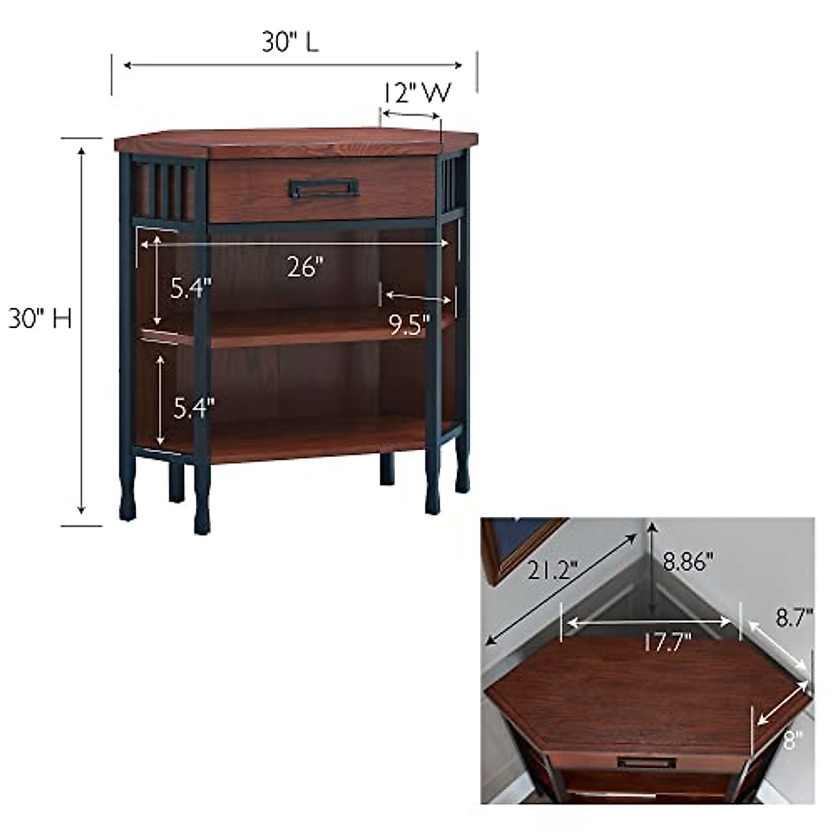 Leick Home 11264 Ironcraft Foyer Corner Rustic Bookcase with Drawer Storage, Mission Oak