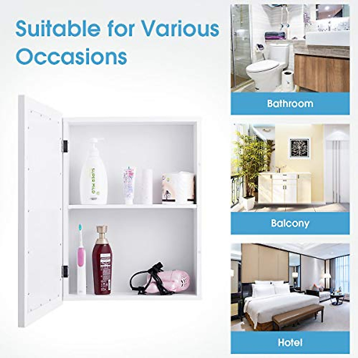 Casart Mirror Medicine Cabinet W/Single Door and Inner Adjustable Shelf in 3 Heights Storage Organizer for Bathroom, Vestibule, Bedroom Wall Mount Bathroom Cabinet,White