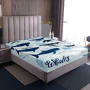Whale Fitted Sheet Twin for Kids Boys Girls,Coastal Sea Animal Seal Sea Lion Dolphin Bedding Set,Beach Ocean Creatures Under The Sea Bed Sheets,Tropical Nautical Sea Life Whale Bed Set