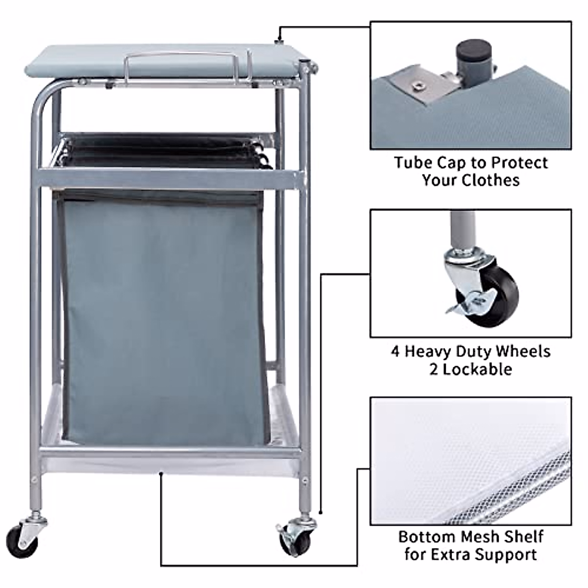 ALIMORDEN Laundry Sorter with Ironing Board Iron Rack Rolling Laundry Basket with Side pull 3-Bag Heavy-Duty Laundry Room Organizer Clothes Hamper with 4 Wheels and lid Blue Grey