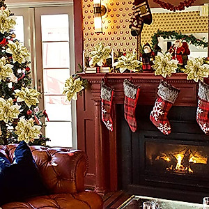 16 PCS Poinsettia Flower Artificial Poinsettia Christmas Decorations Glitter Poinsettias Christmas Ornaments Christmas Tree Flower Decorations with Clips DIY Xmas Wreath Holiday Weed Home Party Decor