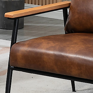 GYI Brown Leather Accent Chair Set of 2, 23.6'' Wide Armchair Set of 2, Industrial Black Metal Frame Accent Chairs with Wood Arms for Living Room, Bedroom