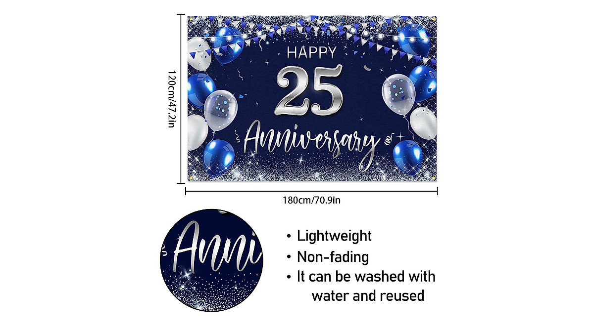 Happy 25th Anniversary Backdrop Banner - Elegant Navy Blue & Silver