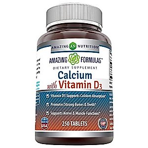 Amazing Formulas Calcium with Vitamin D3 250 Tablets Supplement | Non-GMO | Gluten Free | Made in USA