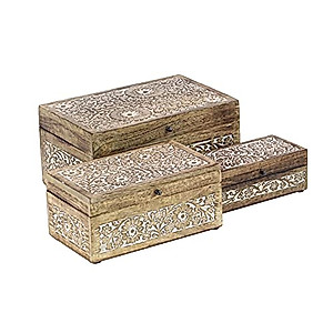 Deco 79 Mango Wood Floral Box with Hinged Lid, Set of 3 8", 10", 12"W, Brown