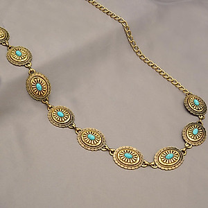 Liutufy Women's Turquoise Concho Chain Belt Western Cowgirl Metal Waist Chain Belt for Dress (B Gold-M)