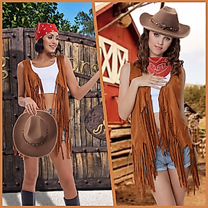 PARTTELY Western Cowgirl Outfits for Women, 70s Hippie Costume Cowgirl Tassels Fringe Vest, Cowboy Hat for Women, Bandana