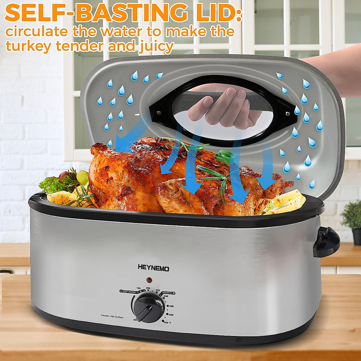 26 Quart Electric Roaster Oven with Visible & Self-Basting Lid, Large Turkey Defrost Warm Function, Adjustable Temperature, Removable Pan Rack, Stainless Steel, Silver