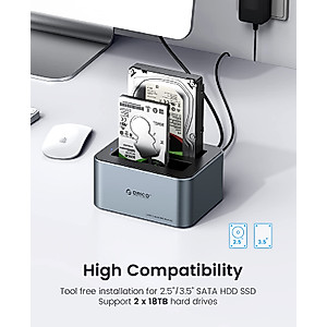 ORICO Hard Drive Docking Station, Aluminum Dual Bay USB C to SATA 3.0 6 Gbps HDD Docking Stations with UASP for 2.5 or 3.5 Inch HDD with 12V 3A Power Supply, 36TB Support, Gray (6626C3)