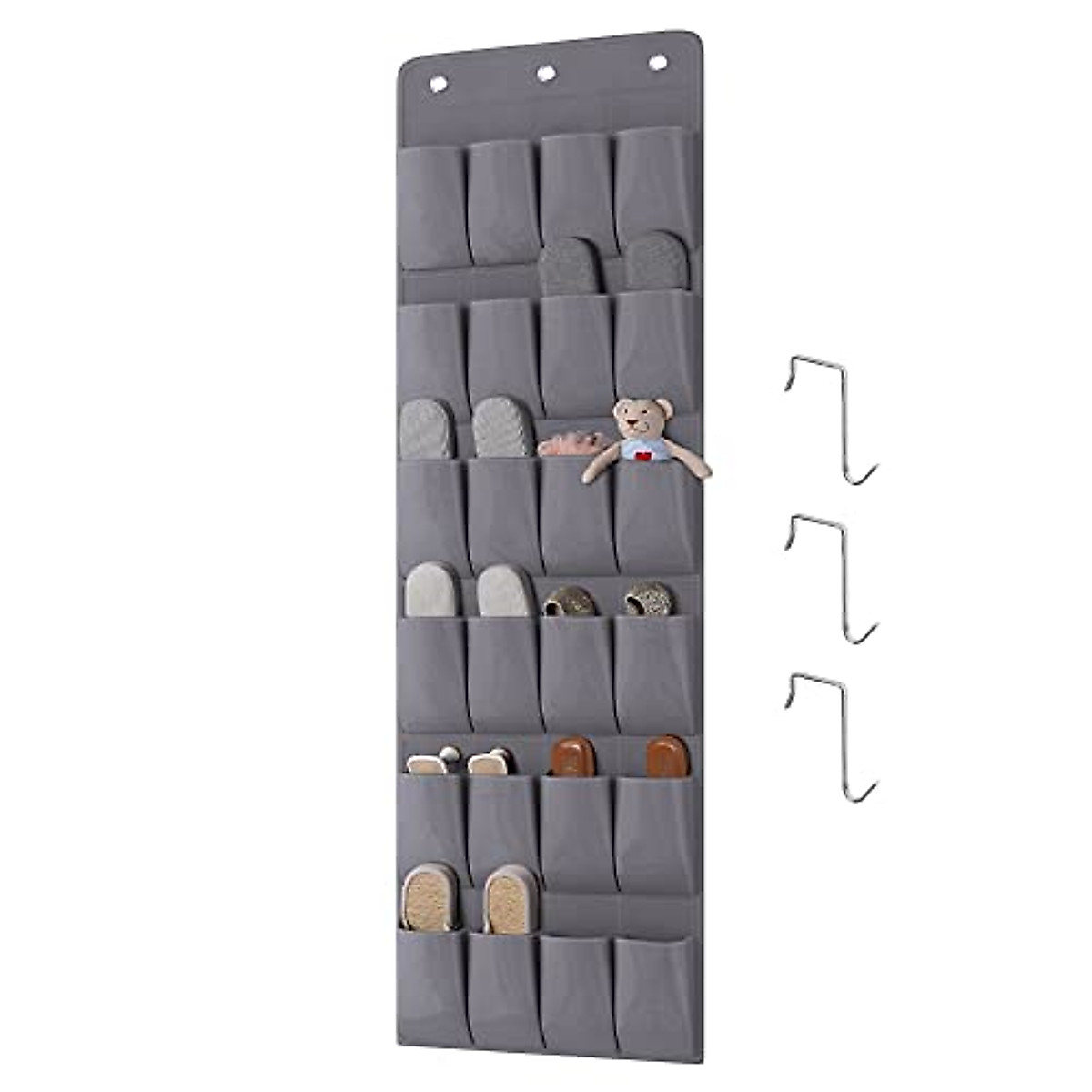 HAUSHOF Over the Door Shoe Organizer, 24 Large Pockets, Sturdy Oxford Fabric, For closet, bedroom, bathroom, storage room, men's sneakers, women's high heels, flip flops (Grey)