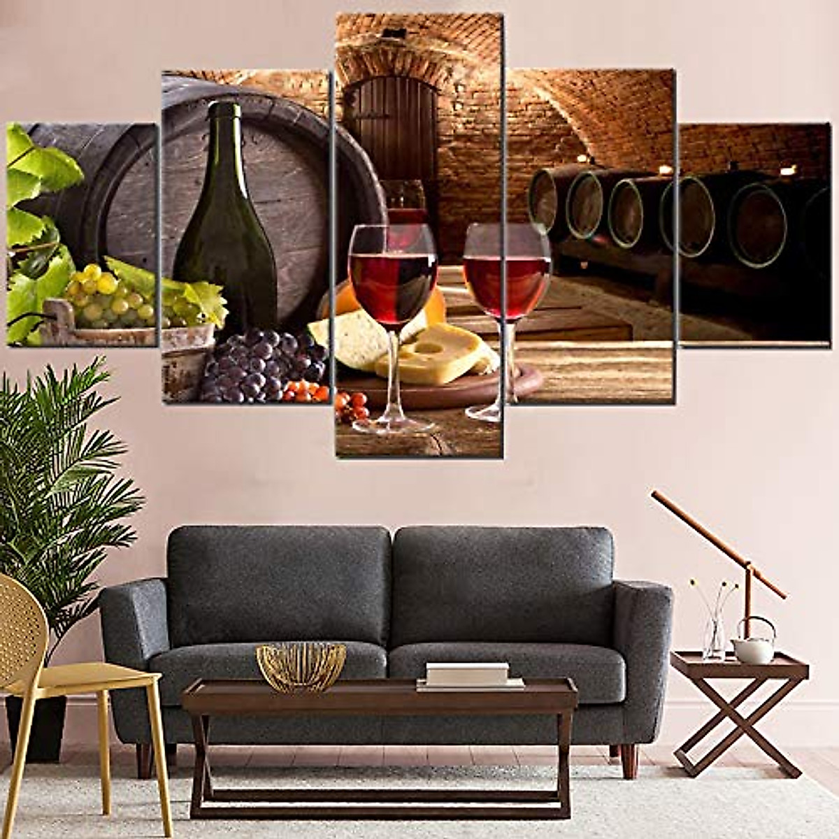 Fu-Keivy Wine Wall Art Decor for Kitchen Dining Room Grapes Fruit Canvas Wine Bottle Pictures 5 Piece Paintings Modern Artwork Decorations Cellar with Barrel and Glass Wooden Framed