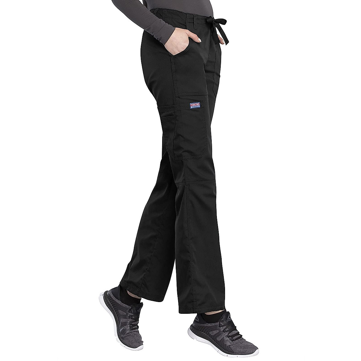 Cherokee Women's Low Rise Drawstring Cargo Scrub Pant, Black, Medium