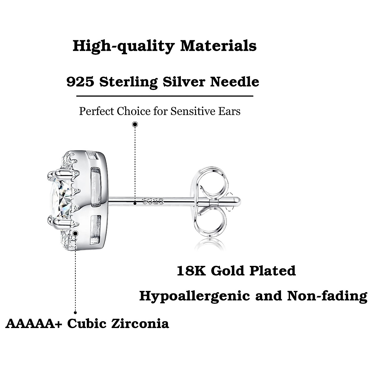 1-2 Pairs 925 Sterling Silver Mens Earrings Cubic Zirconia Halo Stud Earrings for Men 18K Gold Plated Heart/Round/Square Cut CZ Stud Earrings Set for Women Men