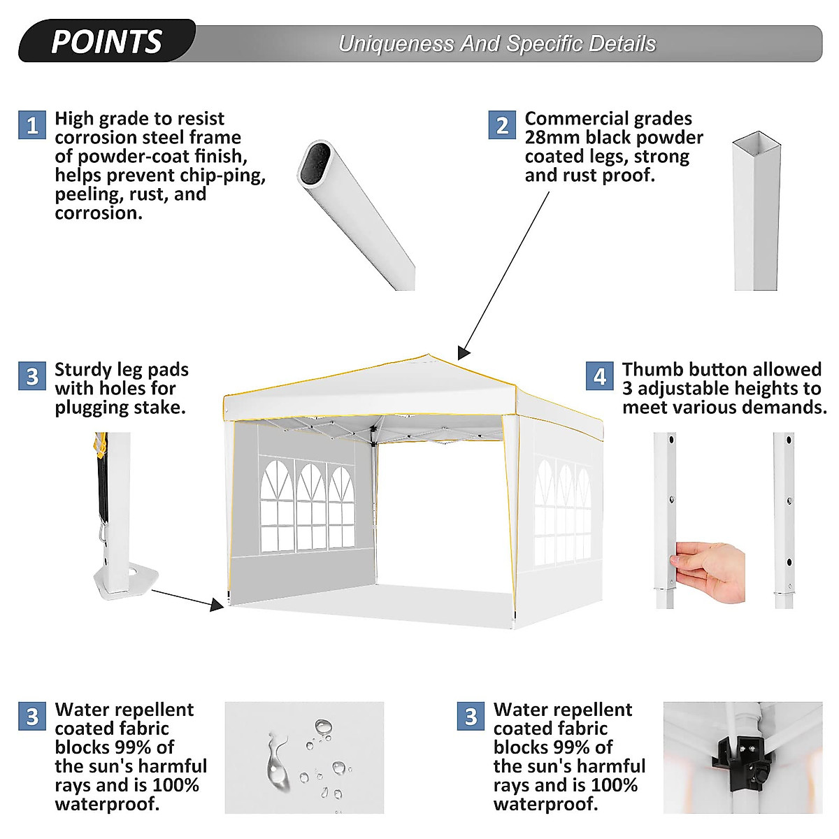 COBIZI 10x10 Canopy with 4 Removable Sidewalls,Pop Up Canopy Tent for Parties Waterproof Wedding Event Canopy,Instant Outdoor Gazebos with Church Window,Carry Bag,4 Stakes,Ropes & Sandbags,White