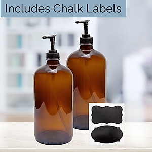 32-Ounce Amber Glass Lotion Pump Bottles (2-Pack); Quart Size Brown Bottles w/Black Plastic Locking Pump Dispensers; Includes Chalk Labels