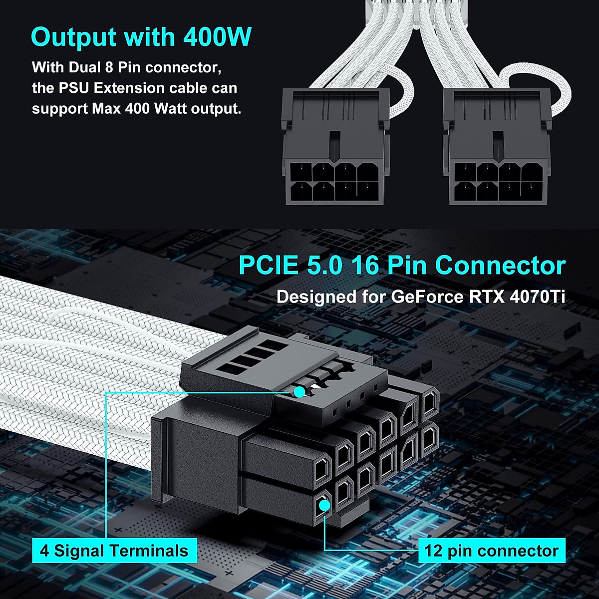 Bangfun 16Pin RTX 4070Ti GPU Power Adapter Cable, PCI-e 5.0 16Pin(12+4) to 2x8Pin Male to Female 12VHPWR Extension Cable Design for Geforce RTX 4070 Super 4070Ti 5070 5080-13 Inch White