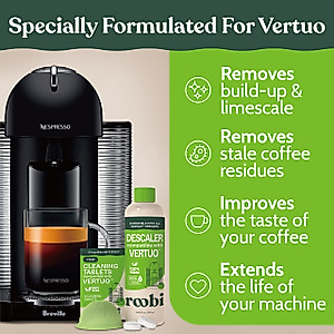 Nespresso Compatible Vertuo Cleaning & Descaling Kit. Includes 1 Bottle of Descaling Solution, 6 Cleaning Tablets and 1 Reusable Pod. Carbon Neutral Vertuoline Maintenance Kit. 6 Month Supply.