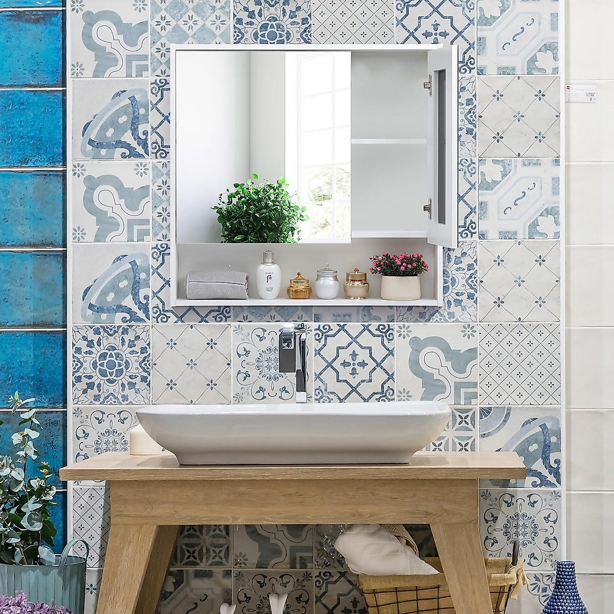 ALIMORDEN Medicine Cabinet with Mirror and Shelves, Bathroom Wood Wall Cabinet Over The Toilet, Vanity, Recessed or Surface Mount, 30.07 Inch x 30 Inch, White