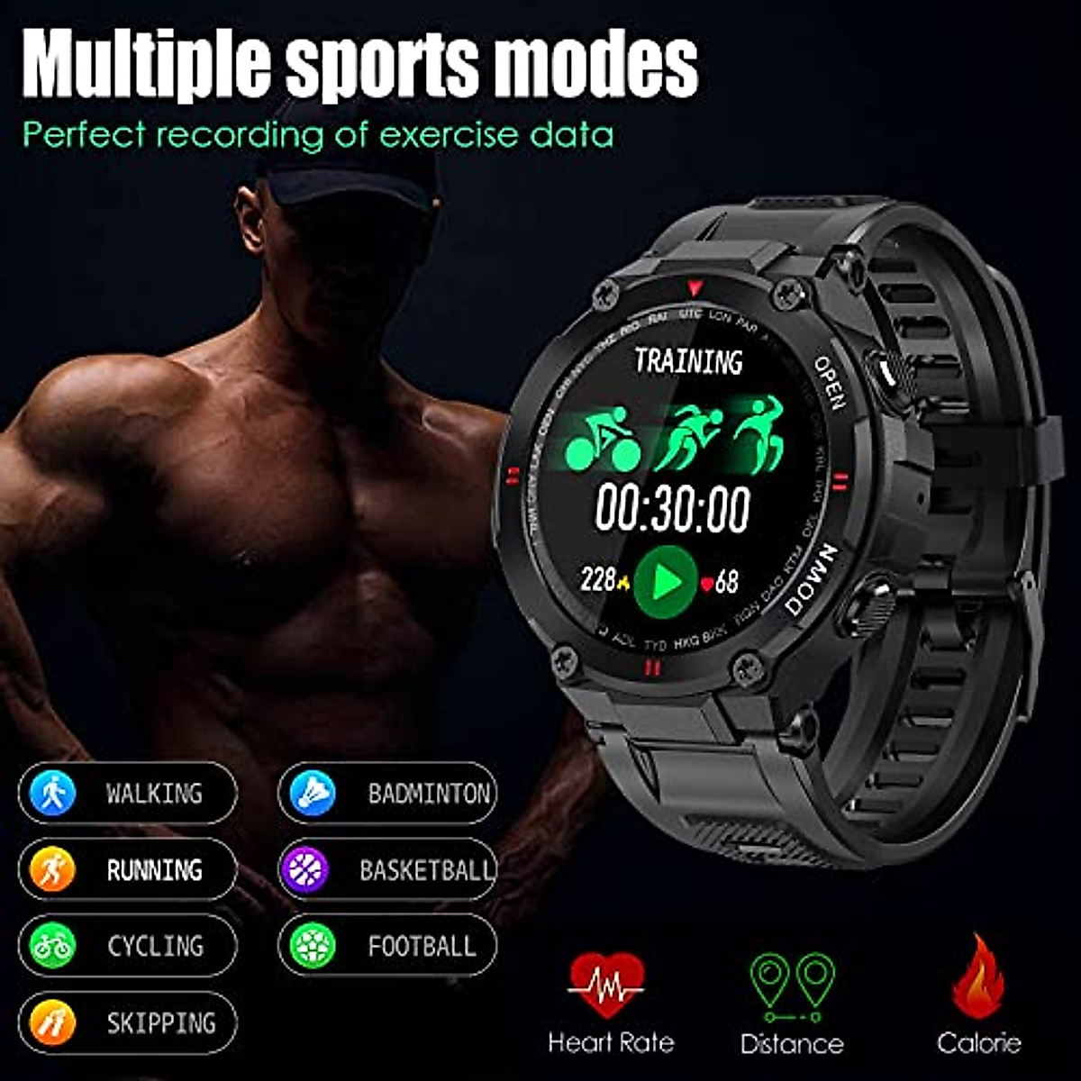 Military Smart Watch for Men Outdoor Waterproof Tactical Smartwatch Bluetooth Dail Calls Speaker 1.3'' HD Touch Screen Fitness Tracker Watch Compatible with iPhone Samsung