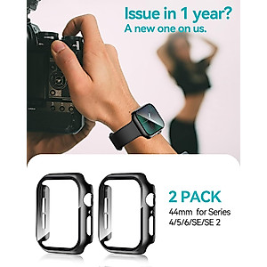 Smiling 2 Pack Case Built in Tempered Glass Screen Protector Compatible with Apple Watch SE 2/SE/Series 6/Series 5/Series 4 44mm, Hard PC Case Overall Protective Cover- Black