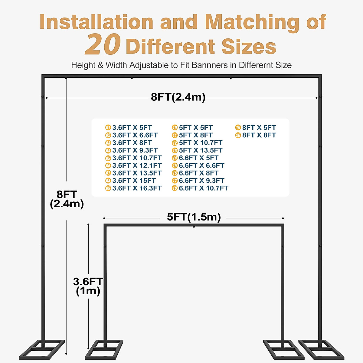 Wokceer 8x8FT Backdrop Stand Heavy Duty Pipe and Drape Kit with Base, Adjustable Square Black Backdrop Stand for Wedding Birthday Party Photo Booth Photography Background Decoration
