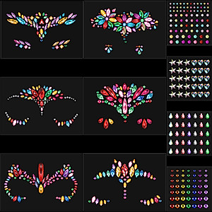 10 Sheets Face Gems Face Rhinestones Mermaid Jewels Rave Eyes Face Body Temporary Tattoos Stickers Glitter Crystal Tears Gem Stones Stickers for Festival Party (Rainbow Style)